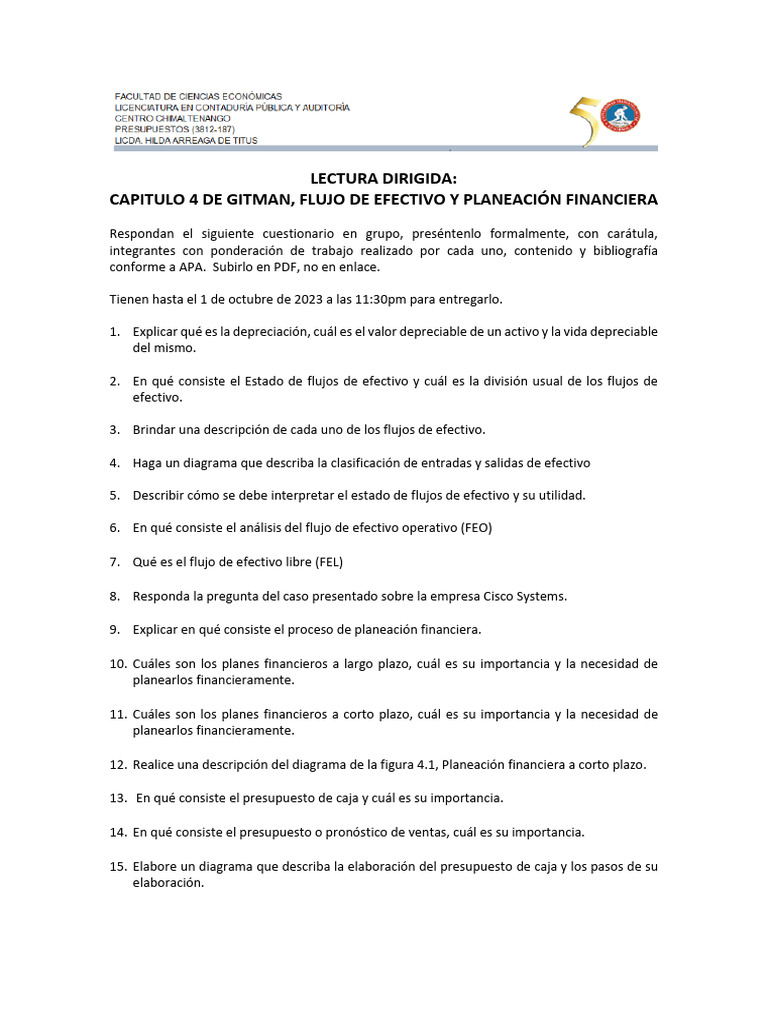 LECTURA DIRIGIDA Cap 4 Gitman - EFE | PDF | Presupuesto LECTURA DIRIGIDA Cap 4 Gitman - EFE | PDF | Presupuesto