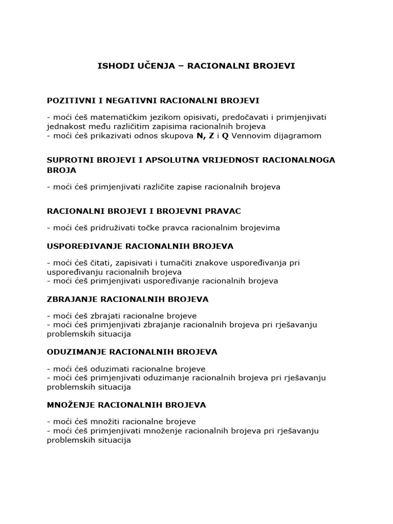 Ishodi Učenja - Racionalni Brojevi | PDF