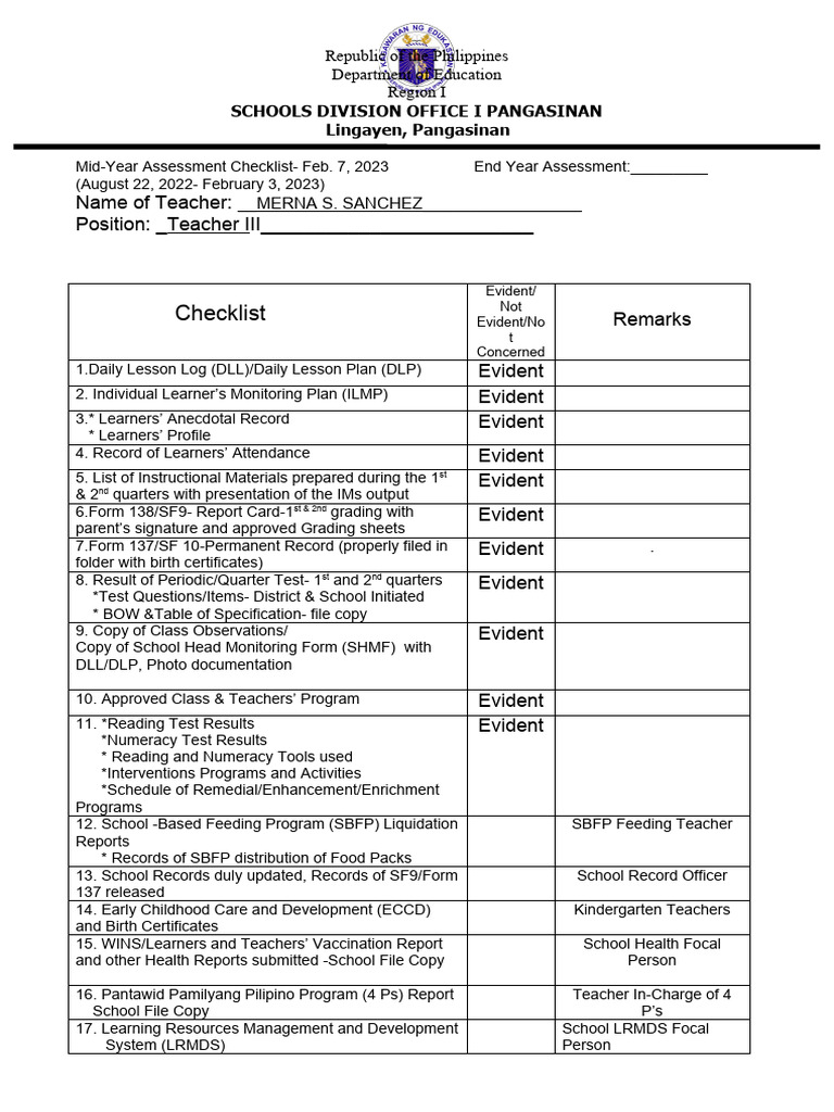 Kindergarten Mid-Year Assessment Checklist | PDF