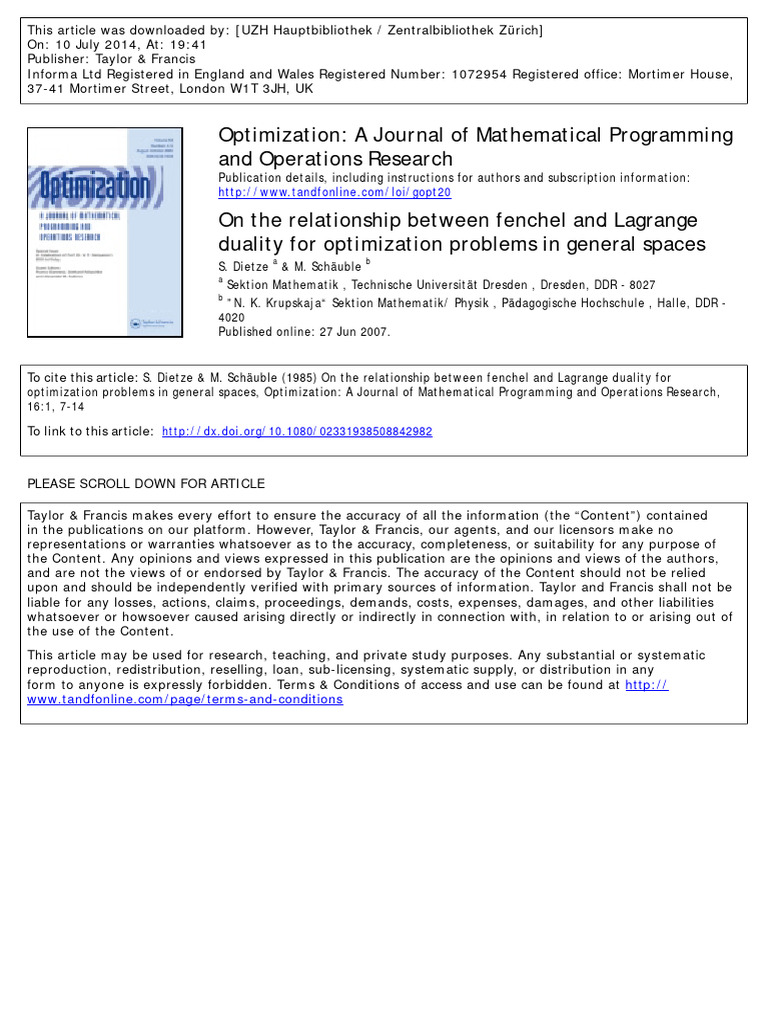 1985 On The Relationship Between Fenchel And Lagrange Duality For Optimization Problems In 
