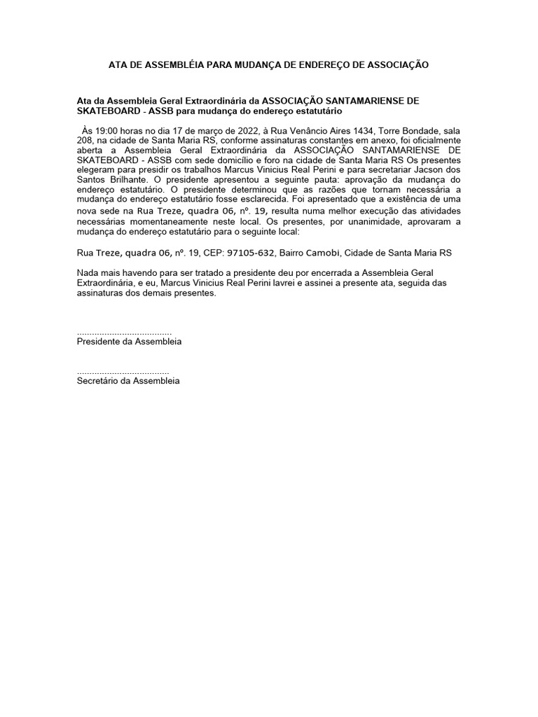 Ata de Assembléia para Mudança de Endereço de Associação | PDF