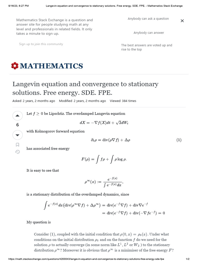 Langevin Equation and Convergence To Stationary Solutions. Free Energy ...