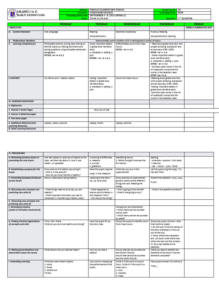 DLL - MTB 3 - Q1 - W2 | PDF