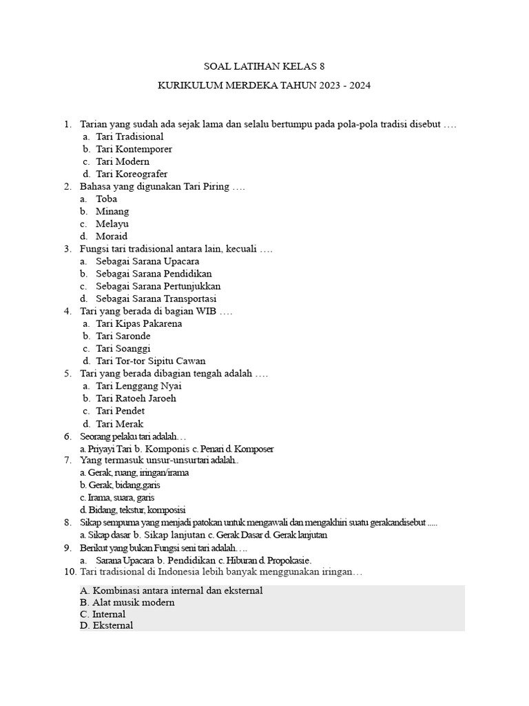 Soal Latihan Seni Budaya Kelas 8 | PDF