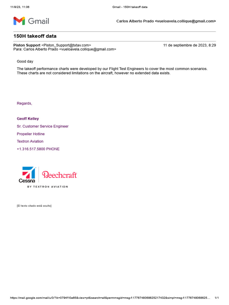 Gmail 11 SET 2023 08:29 Hrs. Cessna 150H Takeoff Data. Geoff Kelley ...