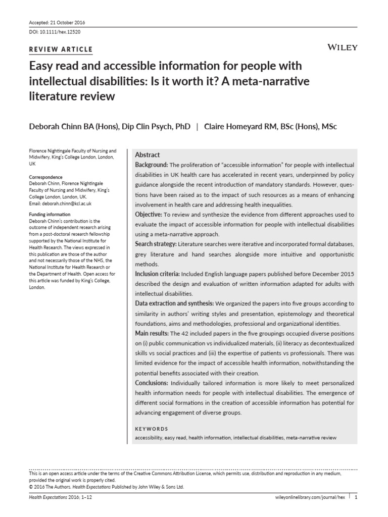 Easy Read and Accessible Information For People With Intellectual Disabilities Is It Worth It A ...