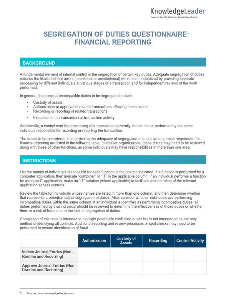 Segregation of Duties Questionnaire - Financial Reporting | PDF ...