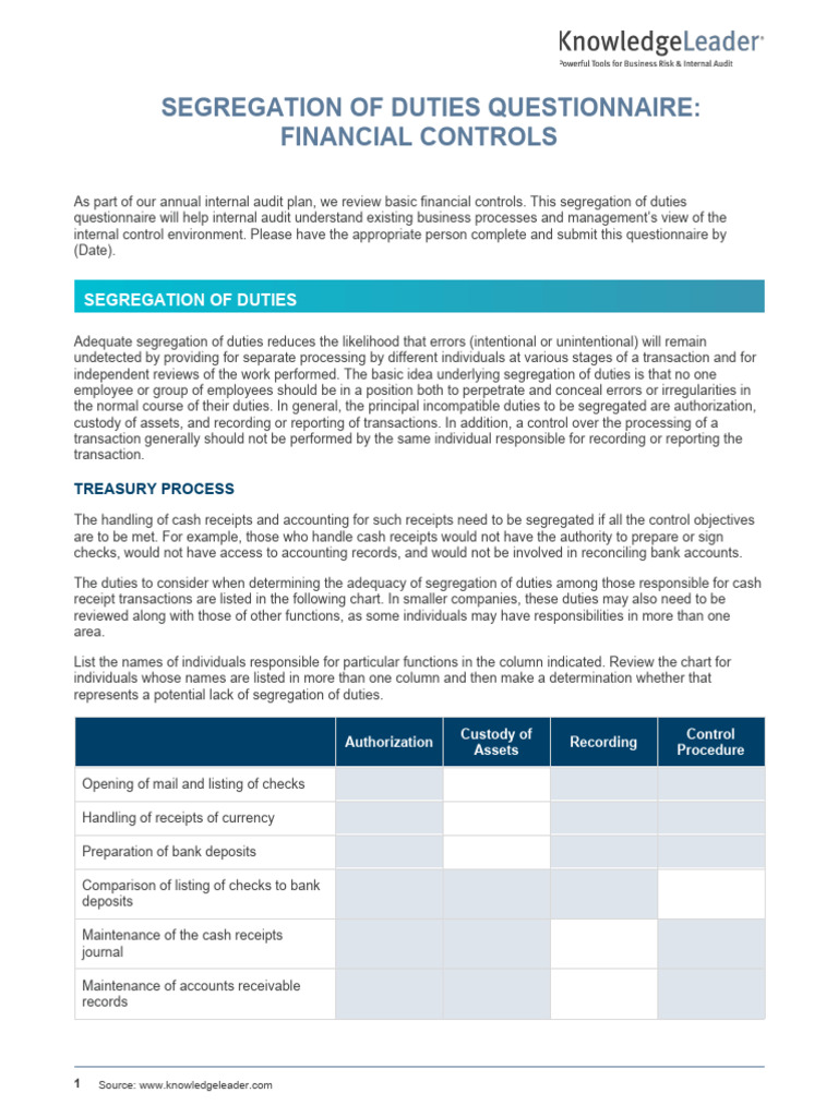 Segregation of Duties Questionnaire - Financial Controls | PDF