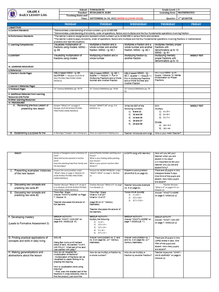 DLL Math 5 Week 6 Quarter 1 | PDF
