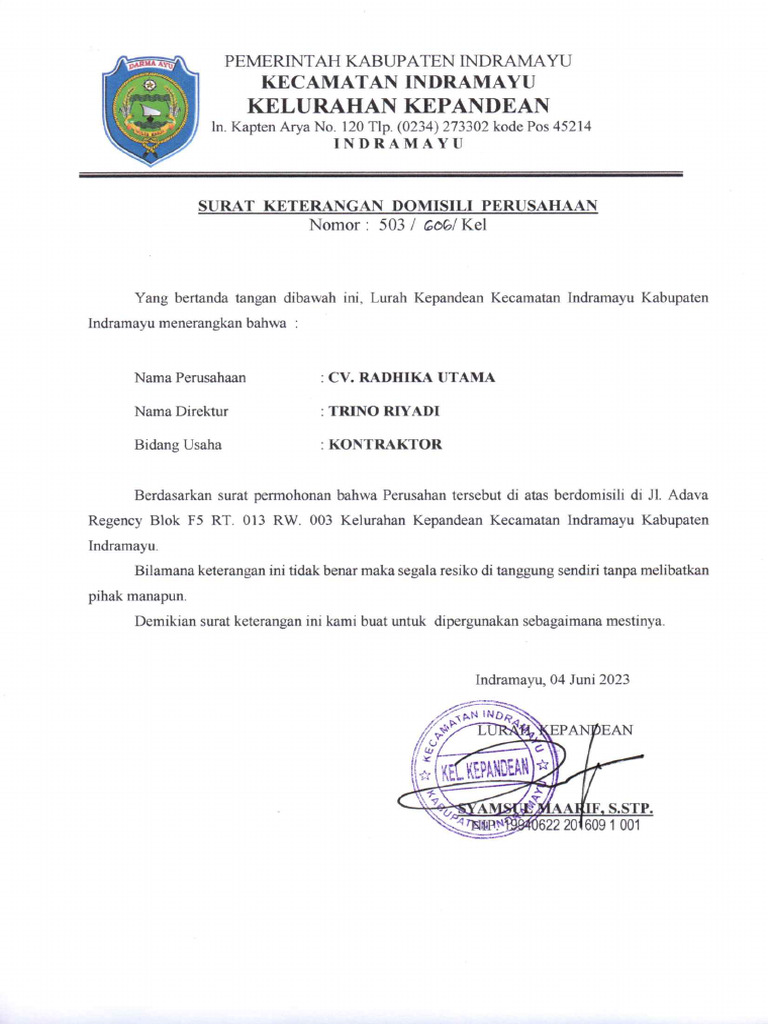 Surat Keterangan Domisili CV Radhika Utama | PDF