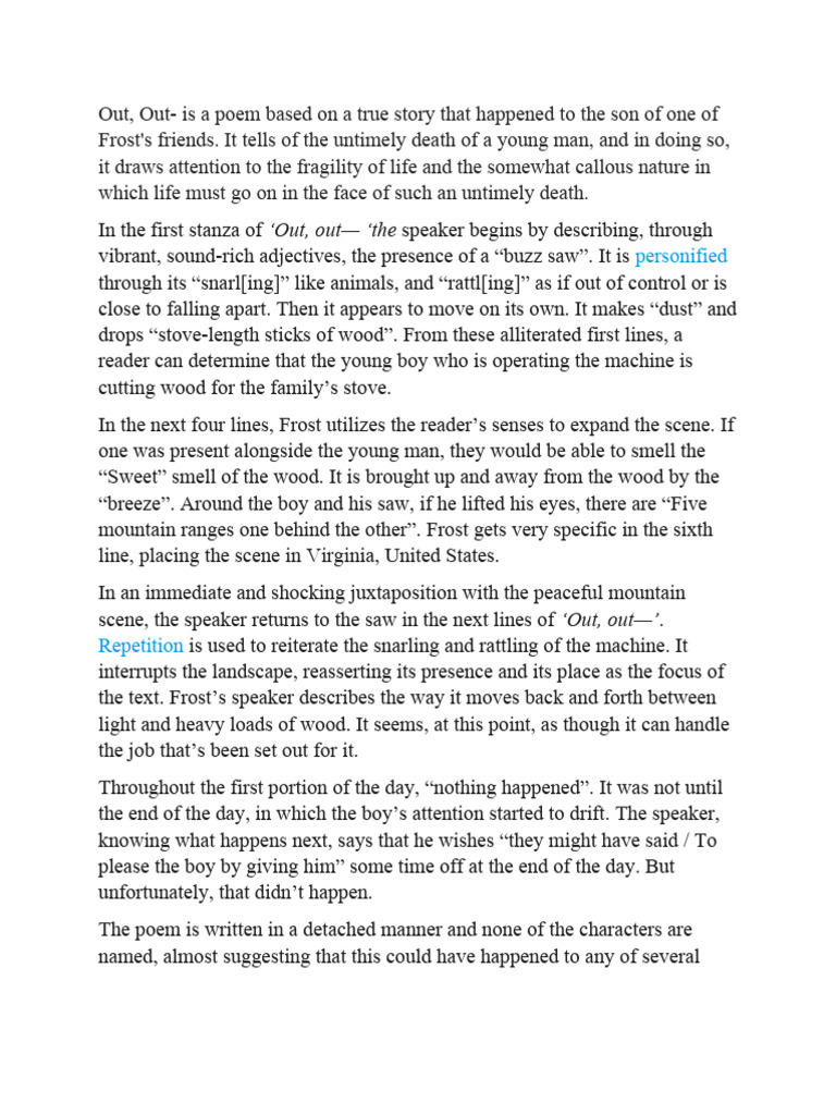 Simplified Analysis of 'Out, Out' - Robert Frost | PDF | Macbeth | Poetry