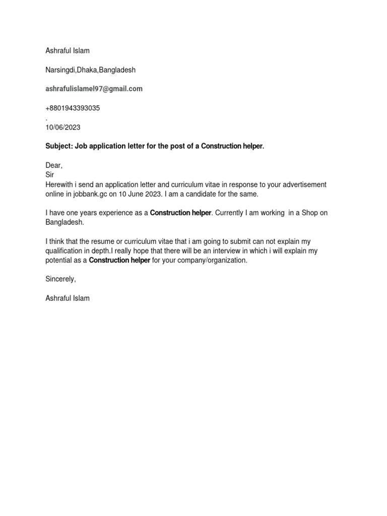 Job Application for Construction Helper | PDF | Career & Growth