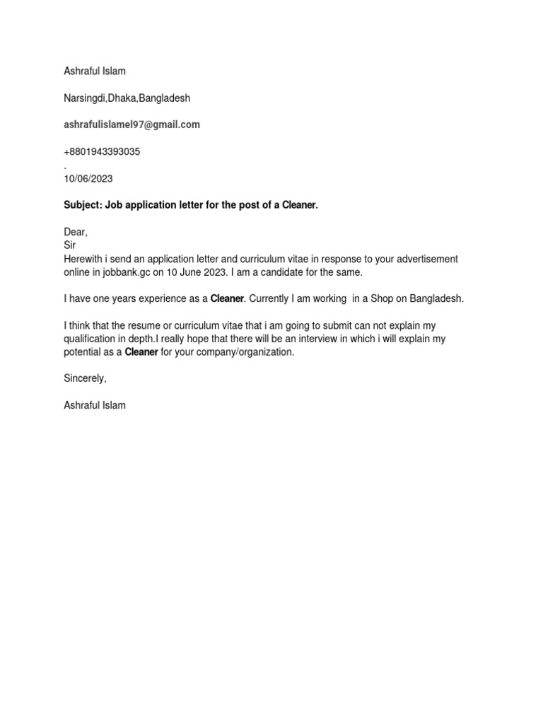 Job Application for Cleaner Position | PDF
