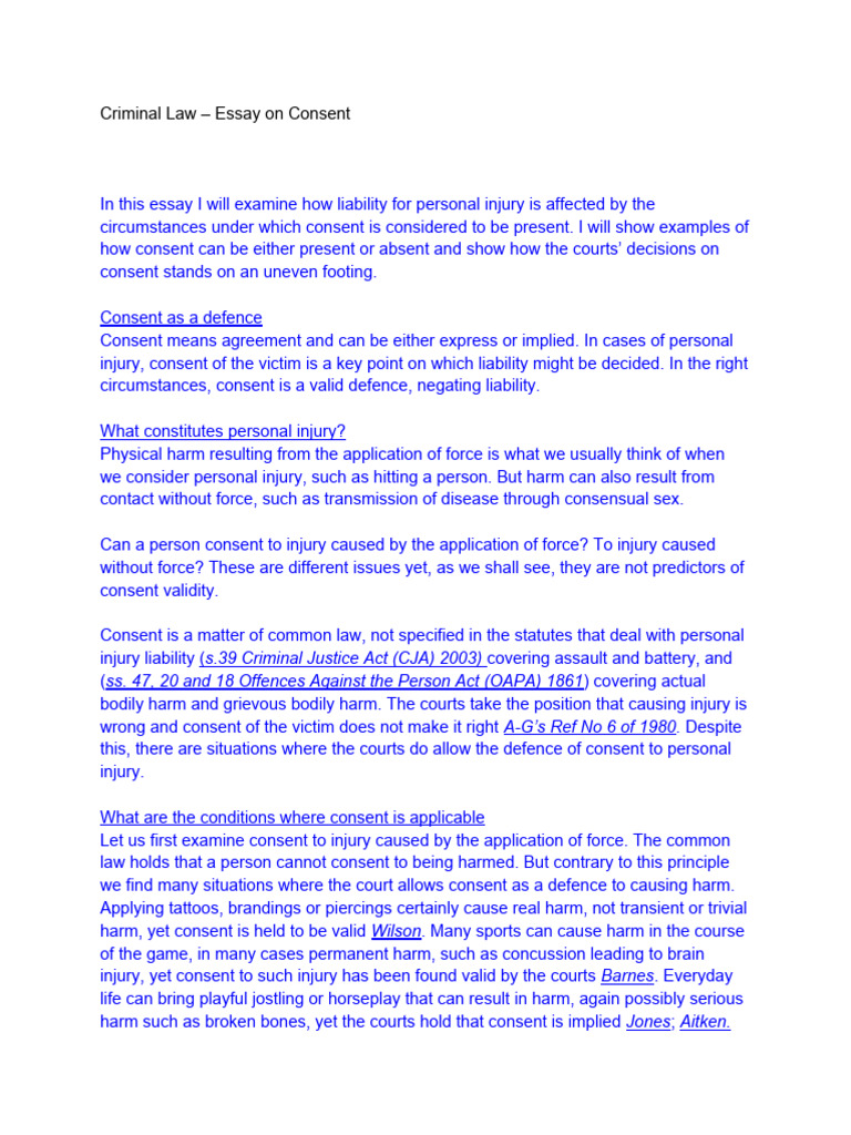 Criminal Law Essay On Consent For StuDocU | PDF | Intention | Criminal Law