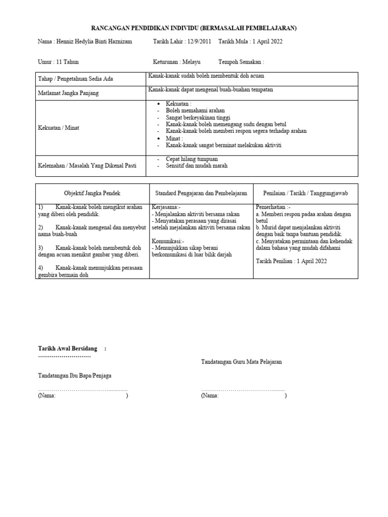 FORMAT RPI (Rancangan Pengajaran Individu) | PDF