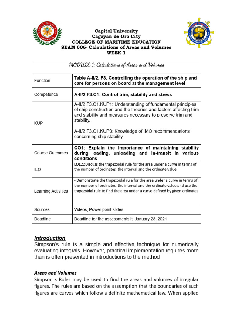 WEEK 1 Module 1 - ICalculations of Areas and Volumes | PDF