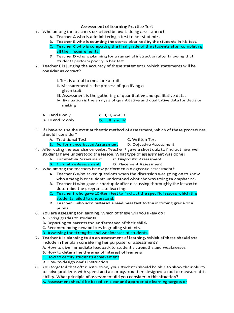 Assessment of Learning Practice Test | PDF | Educational Assessment | Mean