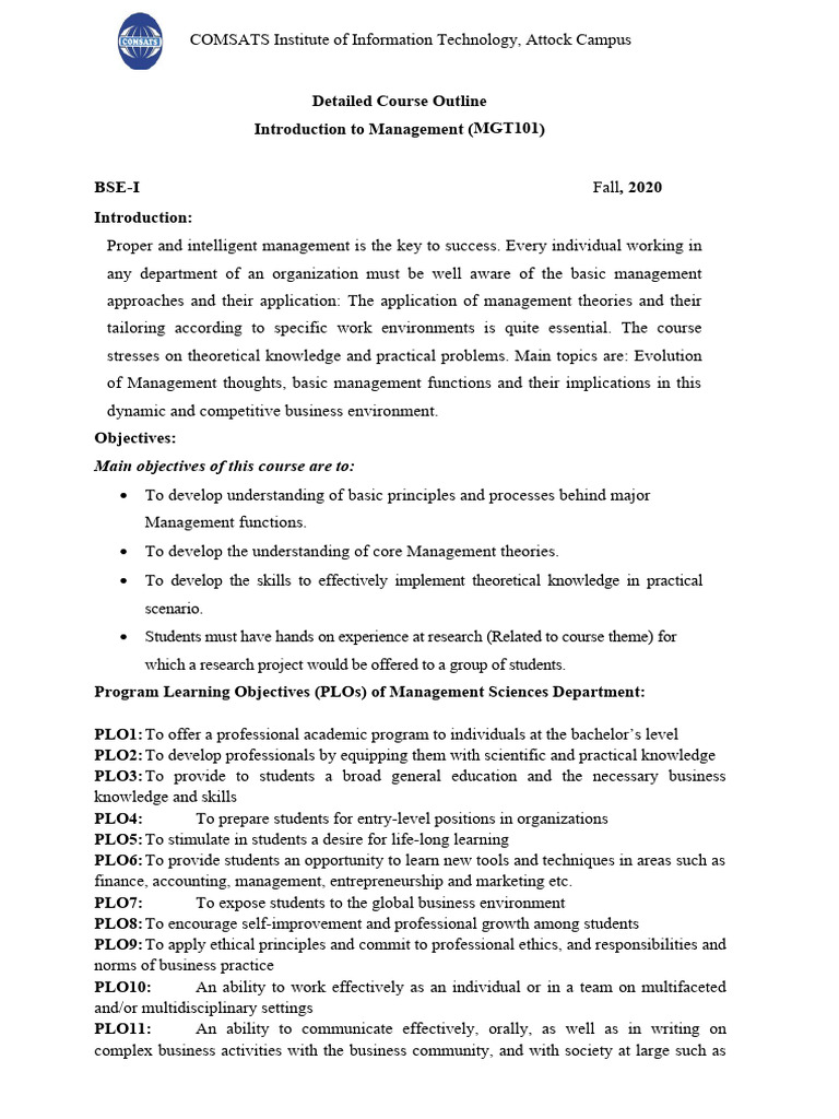 Course Outline Intro To Management | PDF Course Outline Intro To Management | PDF