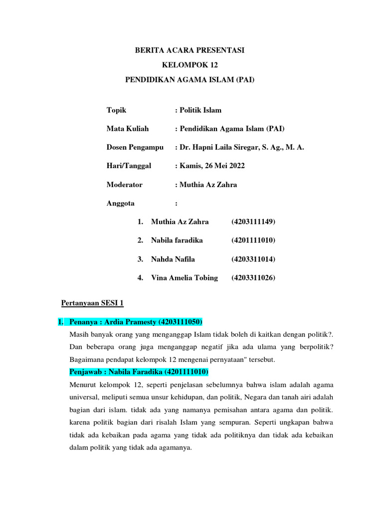 Berita Acara Presentasi Kel 12 - Pai | PDF | Ilmu Sosial