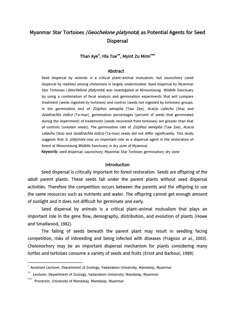 Myanmar Star Tortoises (Geochelone Platynota) as Potential Agents for Seed Dispersal | PDF