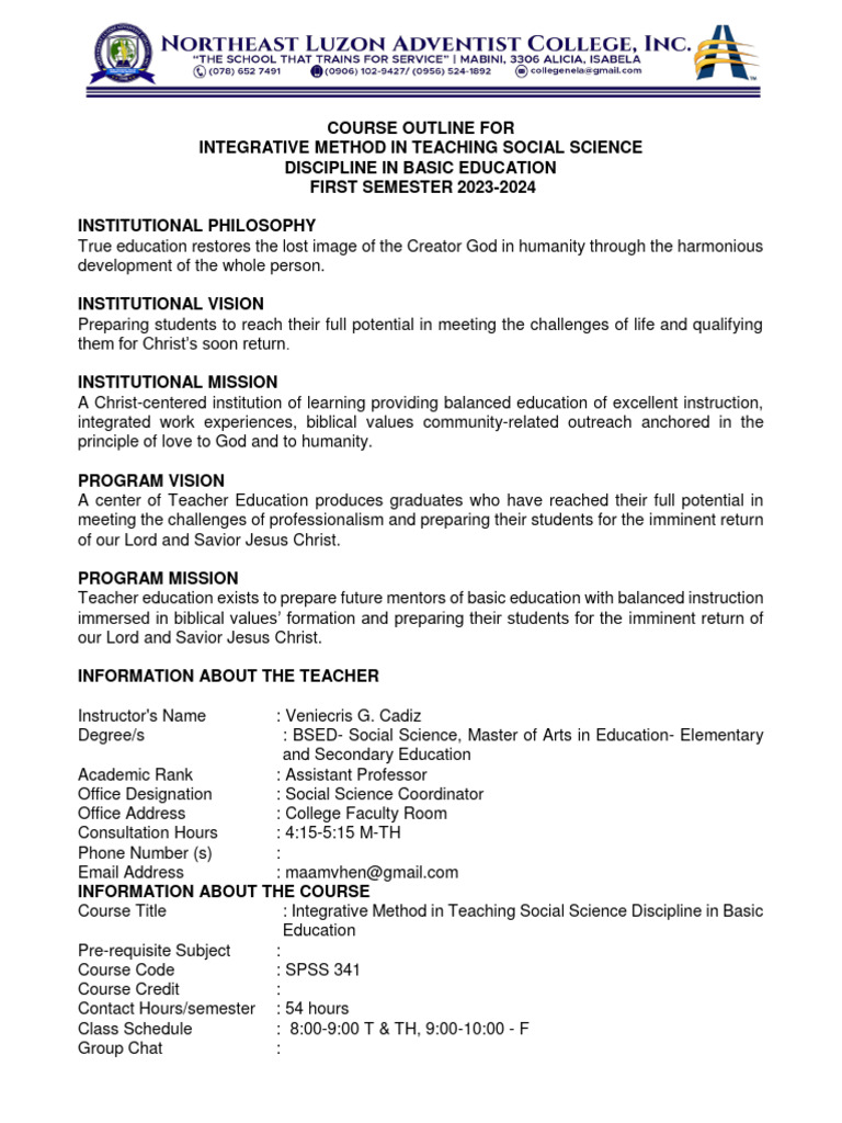 Course Outline For Integrative Teaching First Semester 2023 2024 | PDF ...