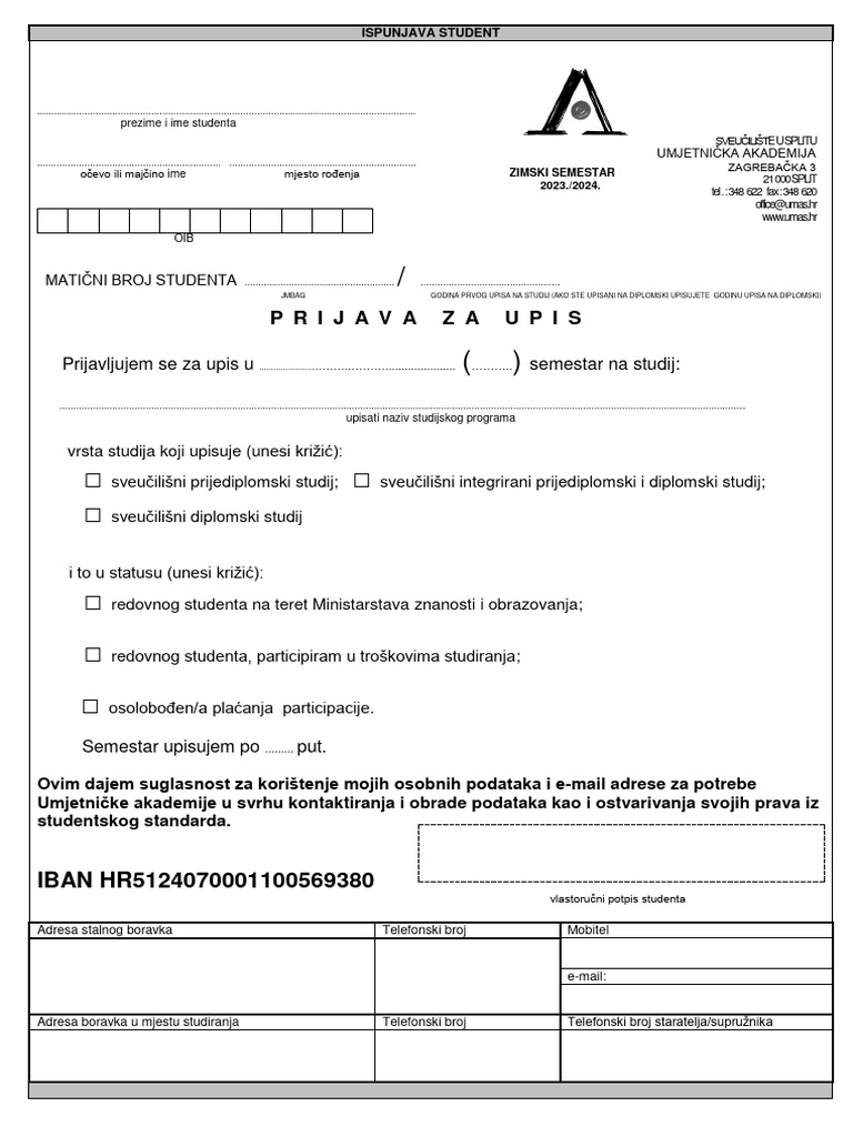 Prijava Za Upis U Zimski Semestar - 2023 - 2024 | PDF