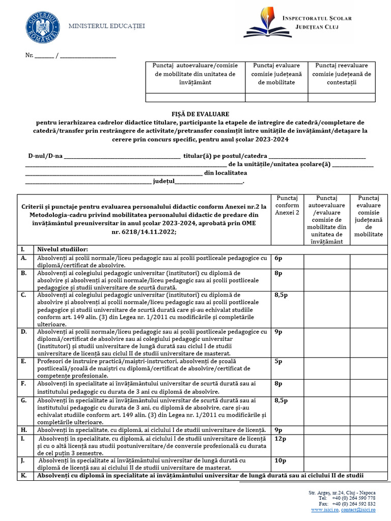 Fisa de Evaluare - Anexa Nr. 2 Din Metodologie | PDF