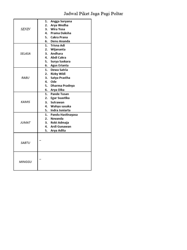 Jadwal Piket Jaga Pagi Poltar | PDF