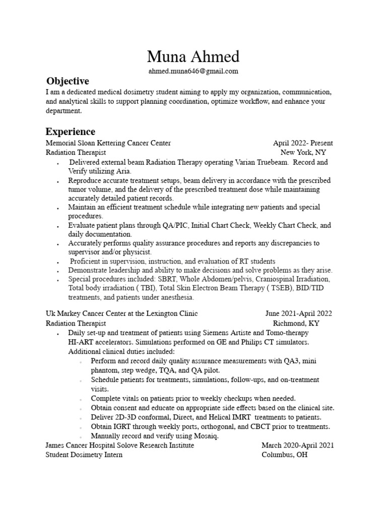 Muna Ahmed: Medical Dosimetry Profile | PDF