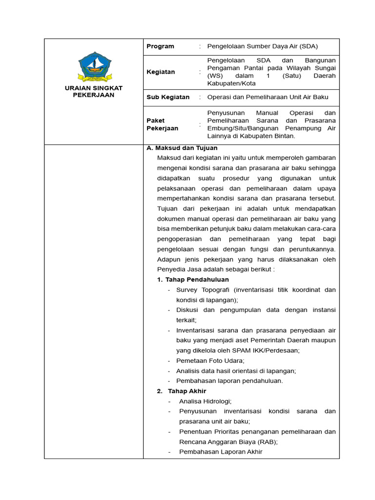 Uraian Singkat Pekerjaan Penyusunan Manual OP Sapras Air Baku | PDF Uraian Singkat Pekerjaan Penyusunan Manual OP Sapras Air Baku | PDF