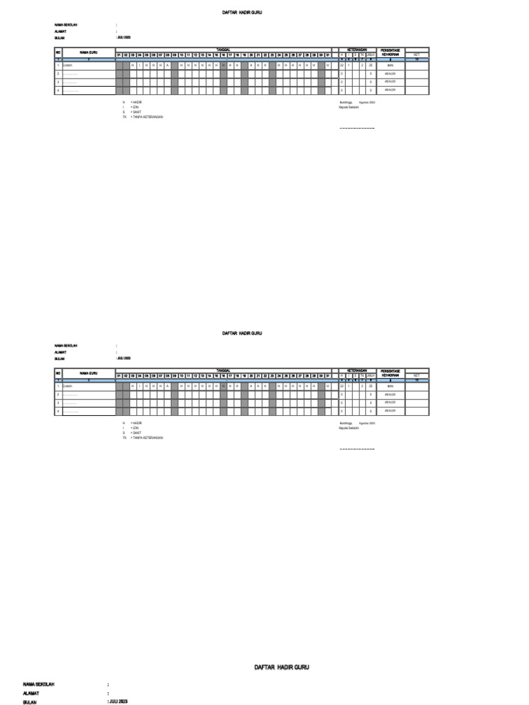 Format Absen Dan Persentase Kehadiran Guru | PDF