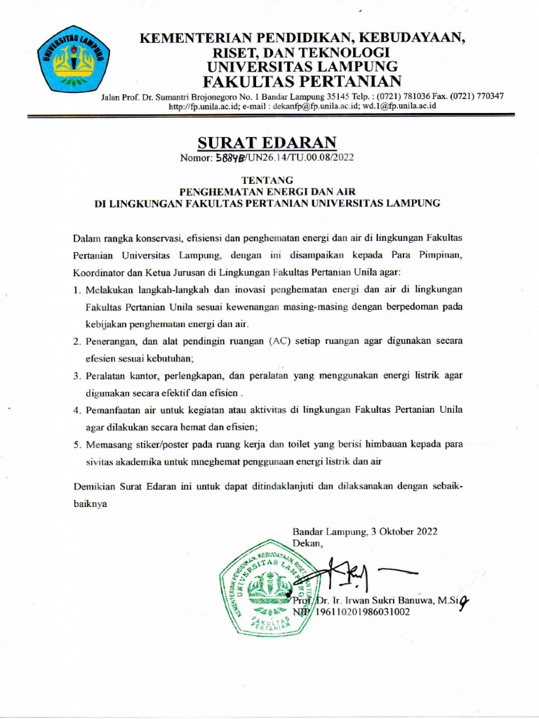 Surat Edaran Tentang Penghematan Energi Dan Air DiLingkungan FP Unila-1 ...