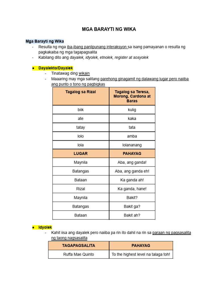 FIL1SEM1 - Mga Barayti NG Wika | PDF