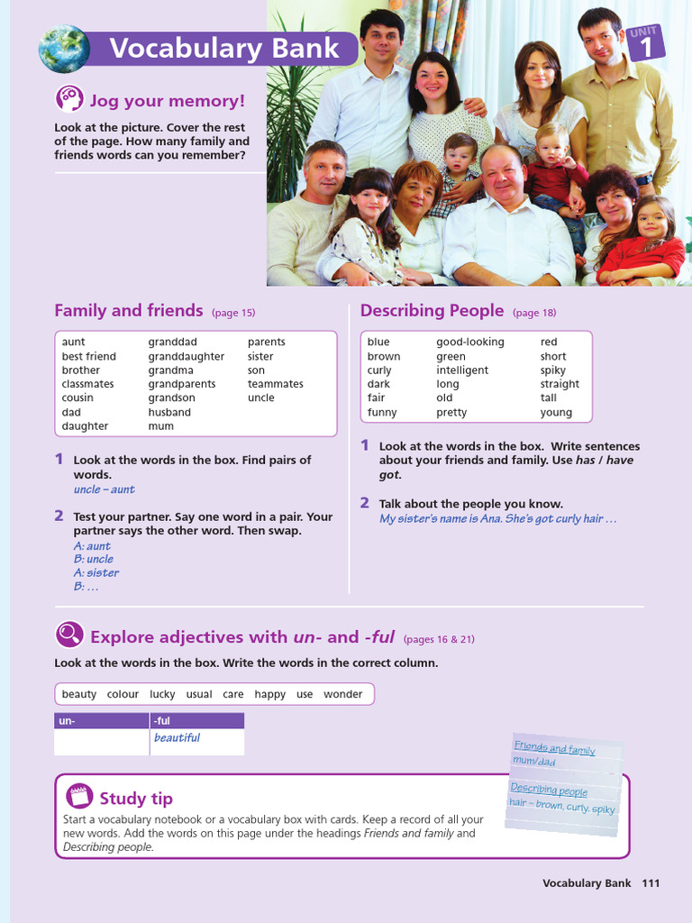 Vocabulary Bank: Family & Descriptions | PDF