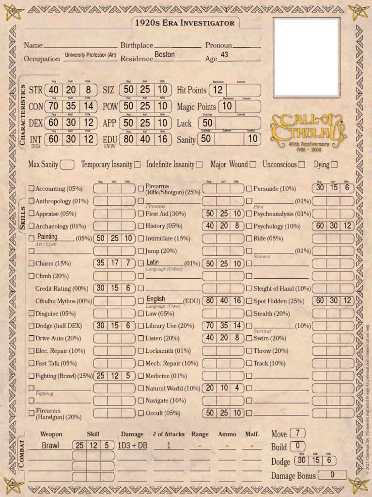 COC Art Professor Sheet | PDF