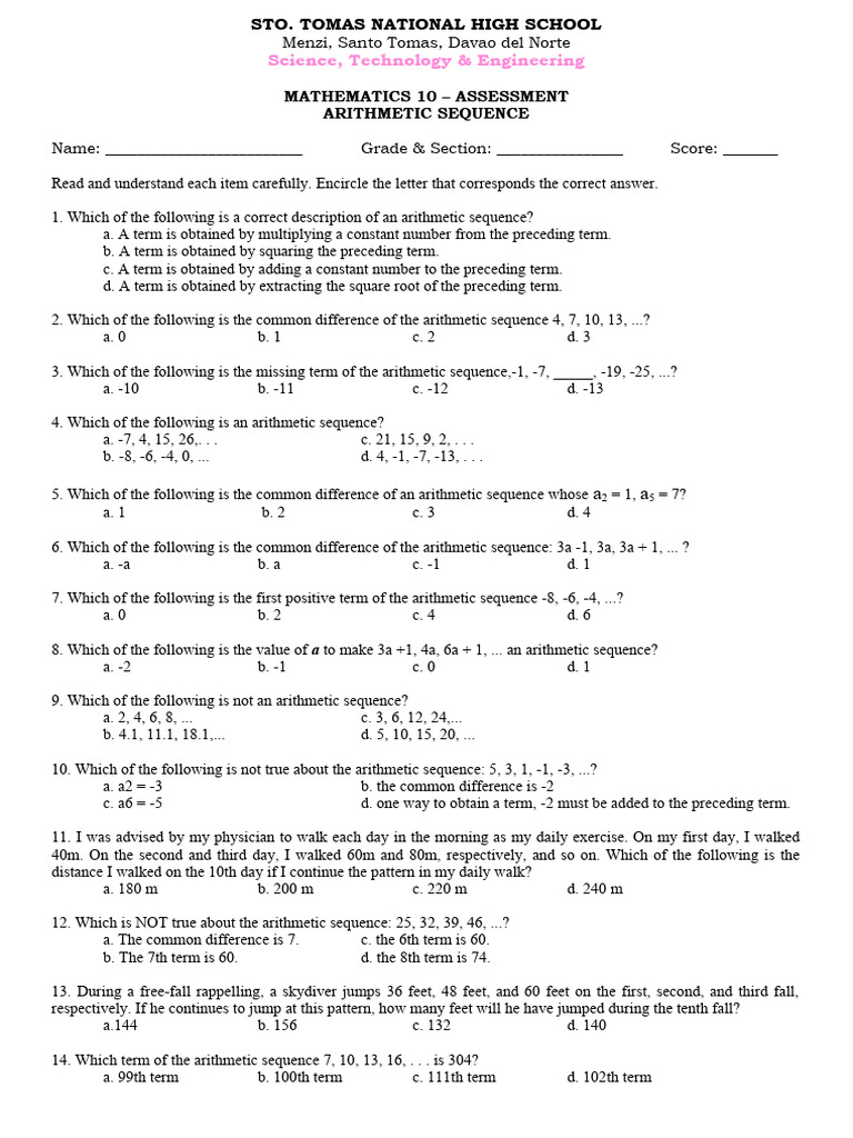 Arithmetic Sequence Test Pdf Mathematical Analysis Arithmetic 9210