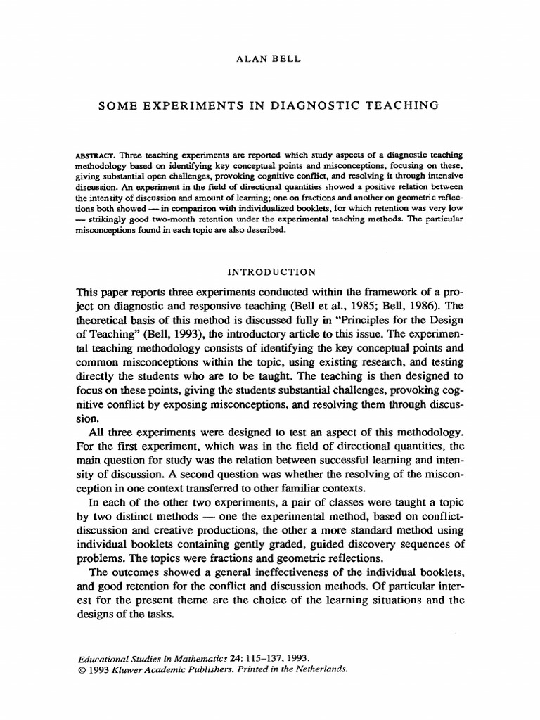 Bell, SOME EXPERIMENTS IN DIAGNOSTIC TEACHING | PDF | Teachers | Experiment Bell, SOME EXPERIMENTS IN DIAGNOSTIC TEACHING | PDF | Teachers | Experiment