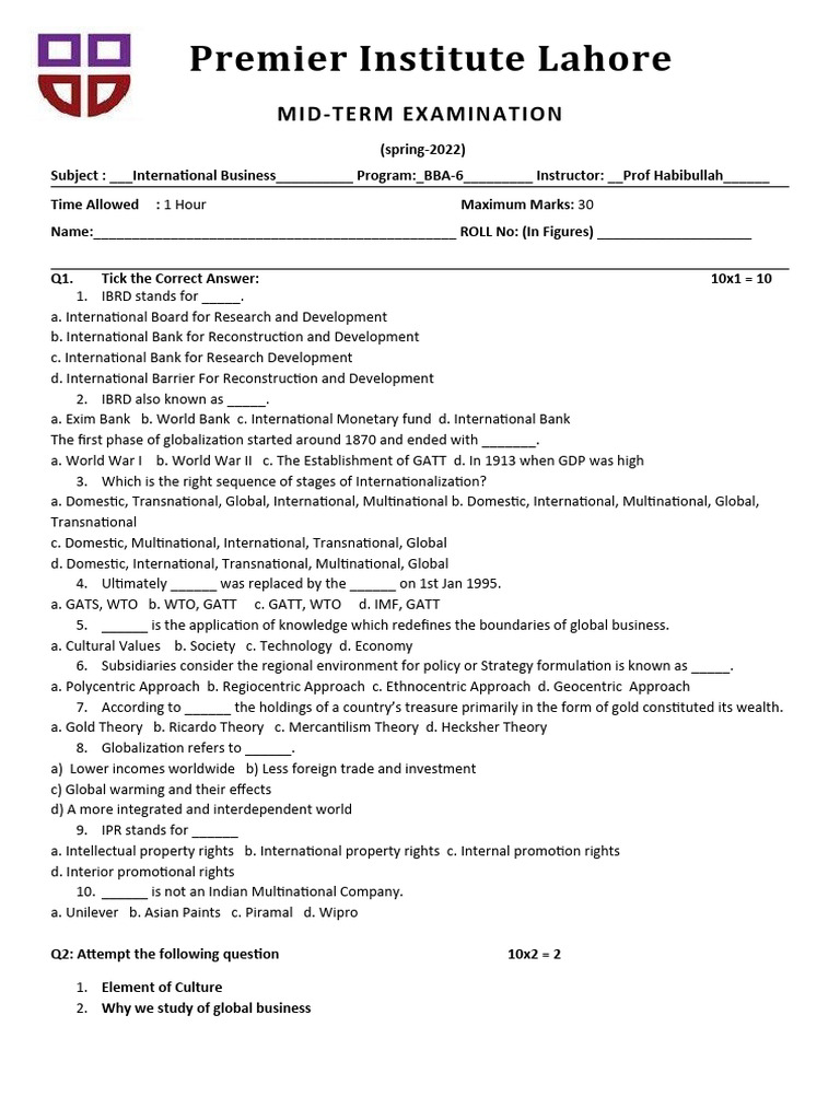 Mid Term Paper Formate | PDF | Multinational Corporation | World Trade ...