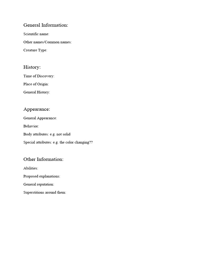 Template For Creature Profile | PDF