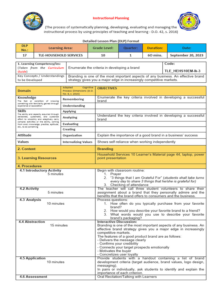 TLE 10-Lesson Plan-Branding | PDF