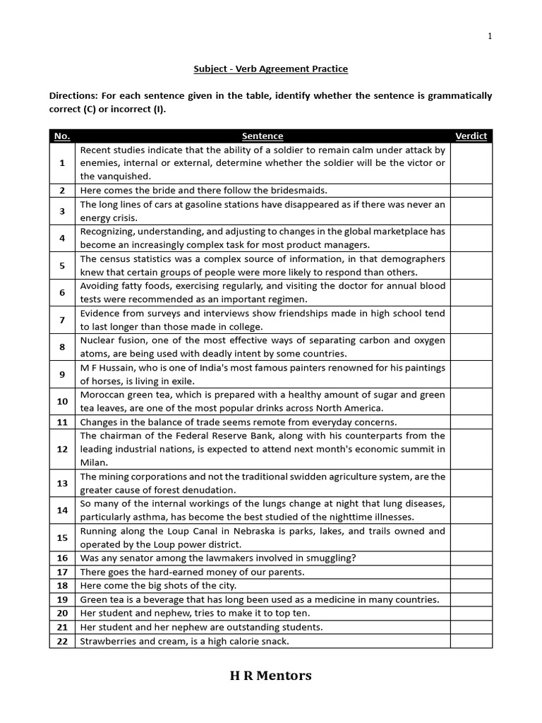 (Student Copy) Subject - Verb Agreement Practice | PDF | Subject (Grammar)