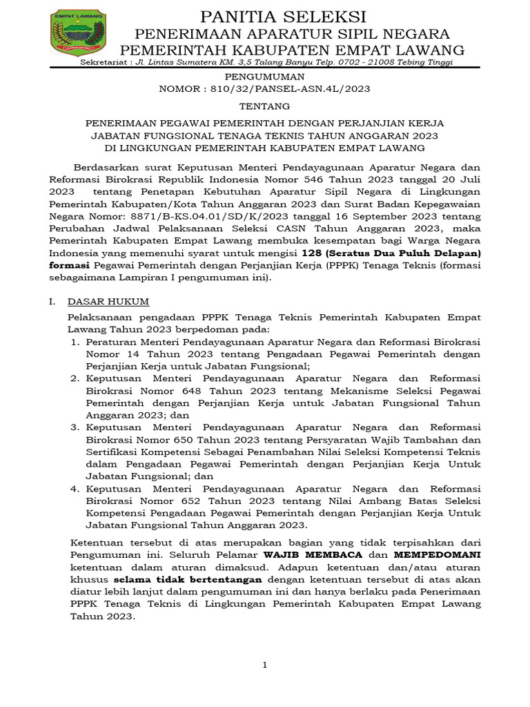 Pengumuman Penerimaan PPPK TEKNIS Dan Lampiran | PDF