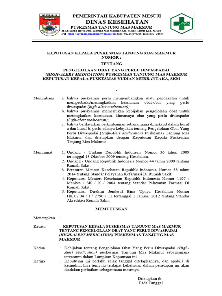 SK Pengelolaan Obat Yang Perlu Diwaspadai High Alert Medication | PDF