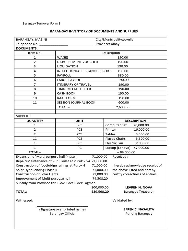 Barangay Turnover Form B - BTR | PDF