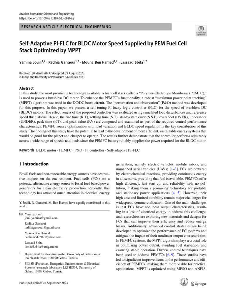 Self-Adaptive PI-FLC For BLDC Motor Speed Supplied by PEM Fuel Cell Stack Optimized by MPPT | PDF