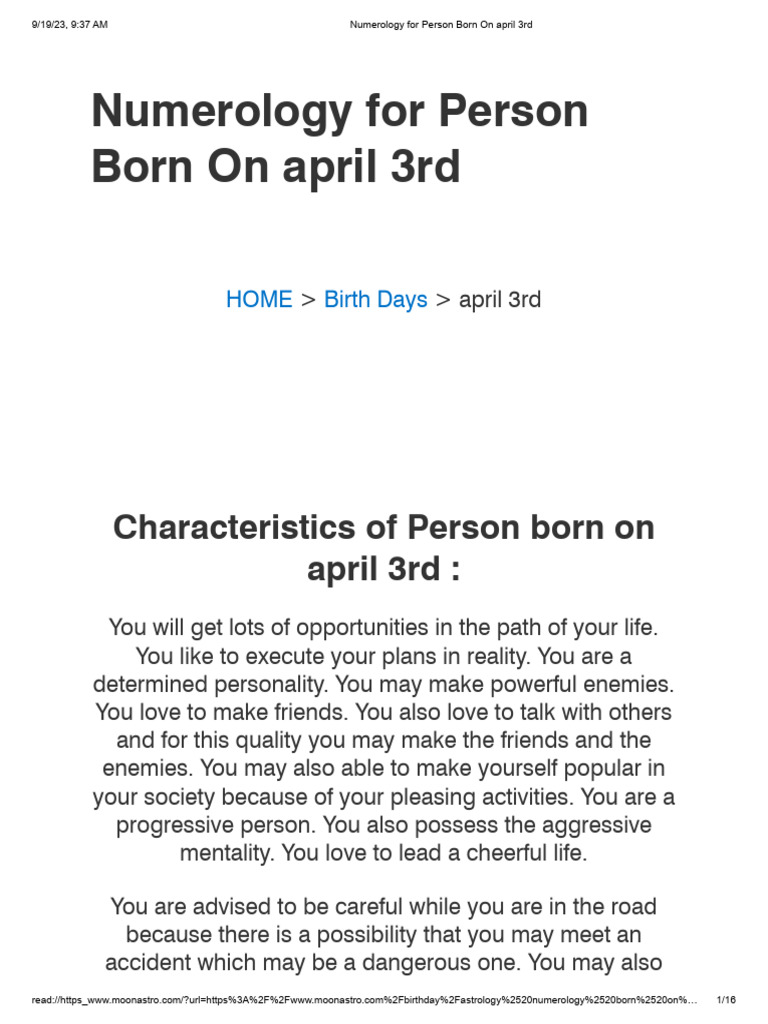 Numerology For Person Born On April 3rd | PDF | Wellness