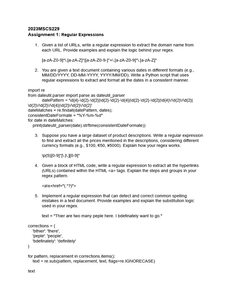  Assignment 1 2 Regular Expression PDF Regular Expression