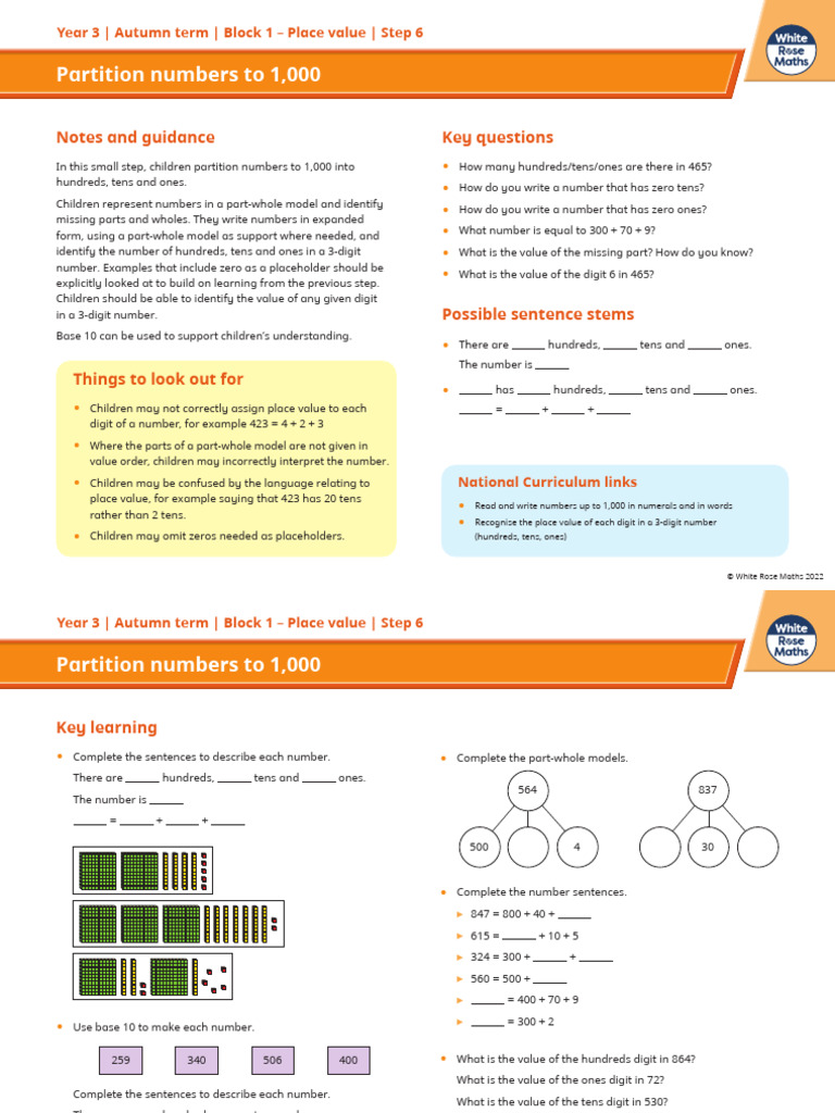 Y3 Autumn Block 1 SOL6 Partition Numbers To 1000 | PDF