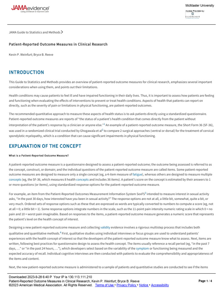 Patient Reported Outcome Measures In Clinical Research Pdf Clinical