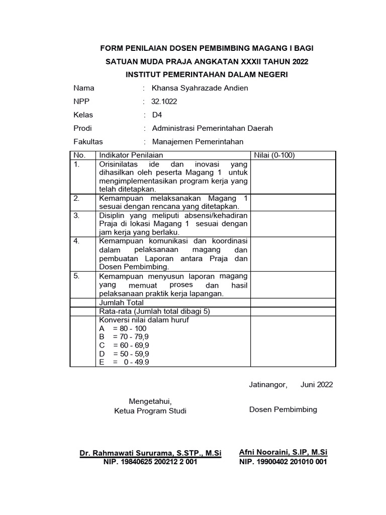 Salin-FORM PENILAIAN DOSEN PEMBIMBING MAGANG I BAGI 1 | PDF